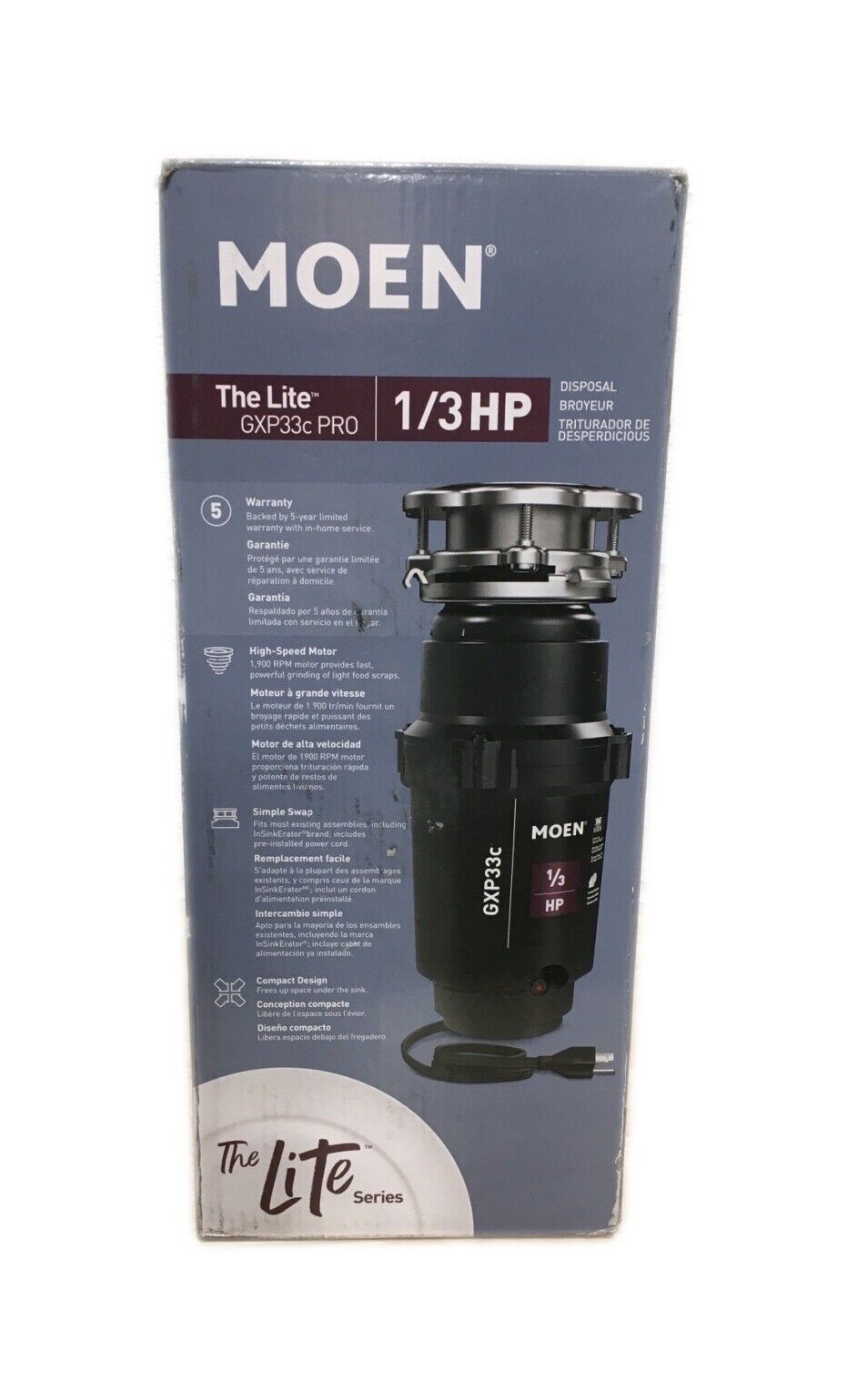 MOEN Lite Series 1/3 HP Continuous Feed Garbage Disposal w/ Power Cord ...